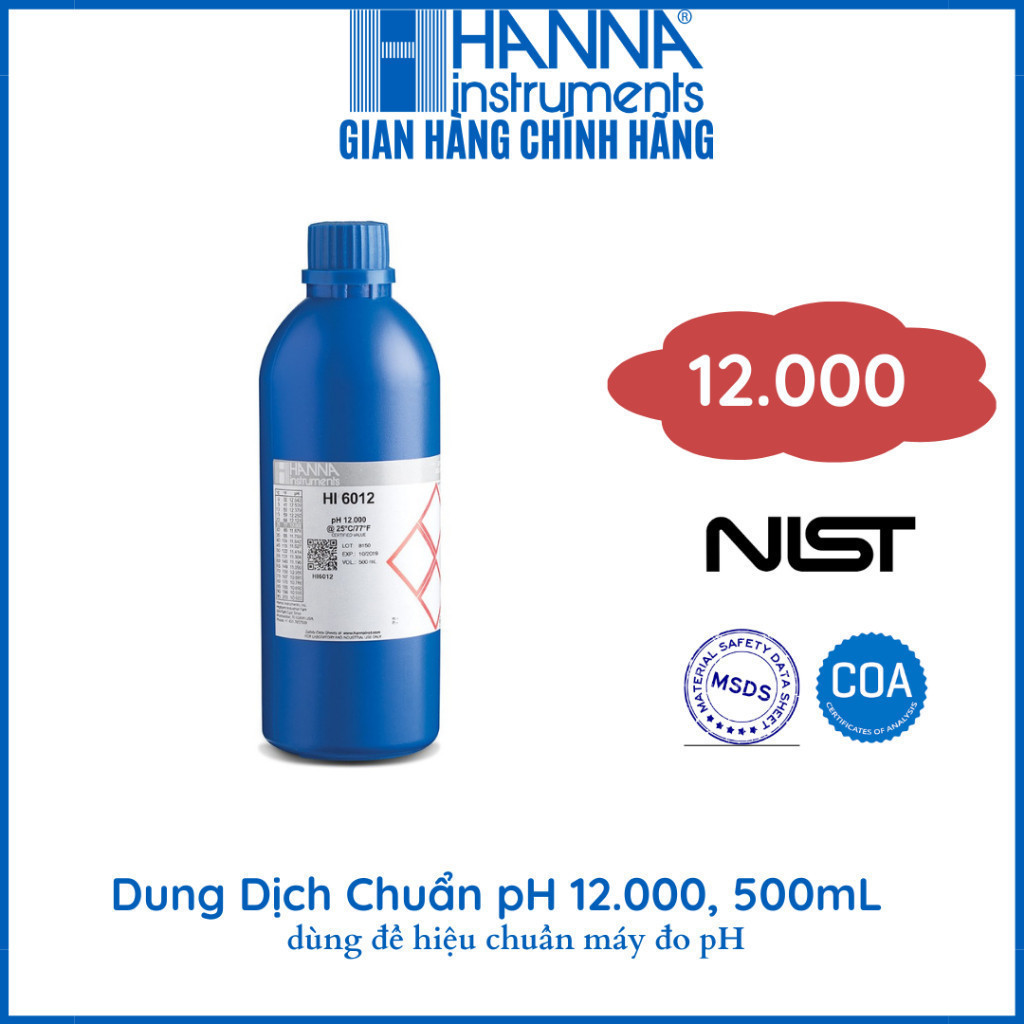 DUNG DỊCH CHUẨN NIST pH12.000 ĐỂ KIỂM TRA/HIỆU CHUẨN BẤT KỲ MÁY ĐO pH,500ML,HANNA HI6012 KÈM ...