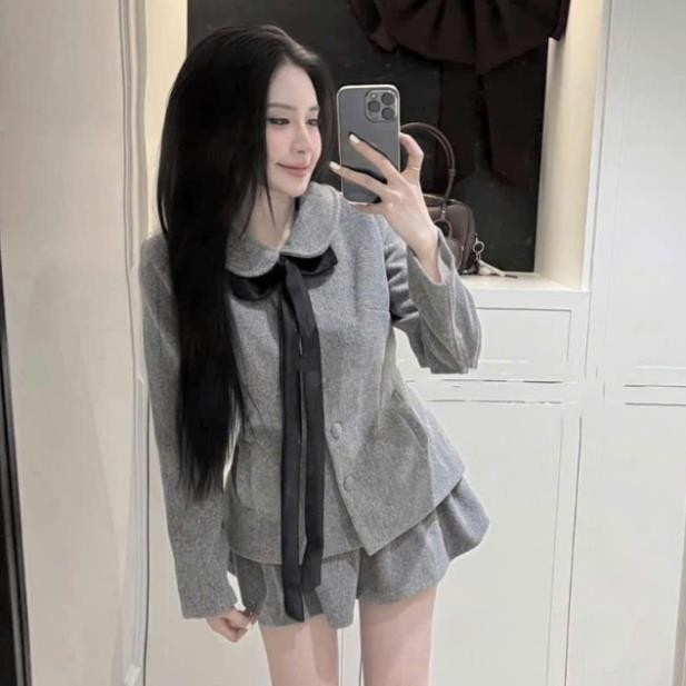 set dạ tweed tiểu thư,áo khoác dạ cổ sen phối nơ cổ mix chân váy xếp ly ...