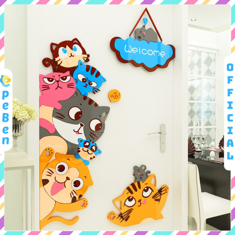 Tranh mica EPeBen dán tường nổi 3d hình Mèo Welcome Chào Đón decor ...