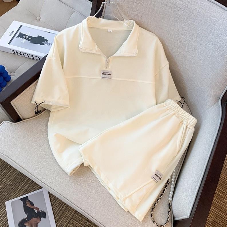 Set đồ nam nữ form rộng unisex, áo polo khóa kéo kèm quần short đùi ...