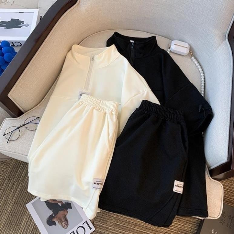 Set đồ nam nữ form rộng unisex, áo polo khóa kéo kèm quần short đùi ...