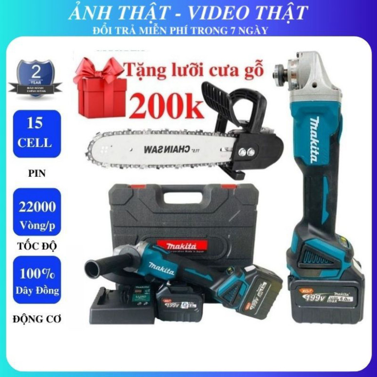 [PIN 15 CELL] Máy mài pin Makita 199V Dây Đồng 100% Không Chổi Than - máy cắt Pin tặng kèm lưỡi ...