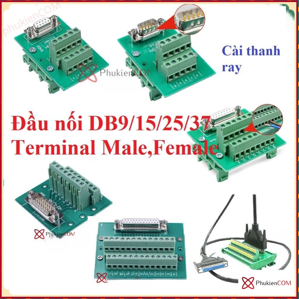 (HD-LINK) Đầu nối DB9/15/25/37 Terminal đực cái,vặn vít cài thanh ray, cắm cáp DB9, DB15, DB25 ...