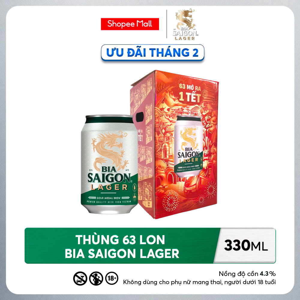 NỒNG ĐỘ 4.3% - Thùng 63 Lon bia Saigon Lager 330ml (phiên bản Tết 2025 ...