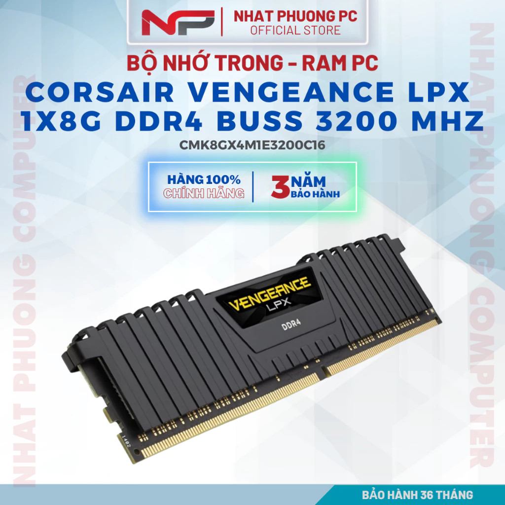 Bộ nhớ RAM dành cho PC CORSAIR VENGEANCE LPX CMK8GX4M1E3200C16 1x8G ...