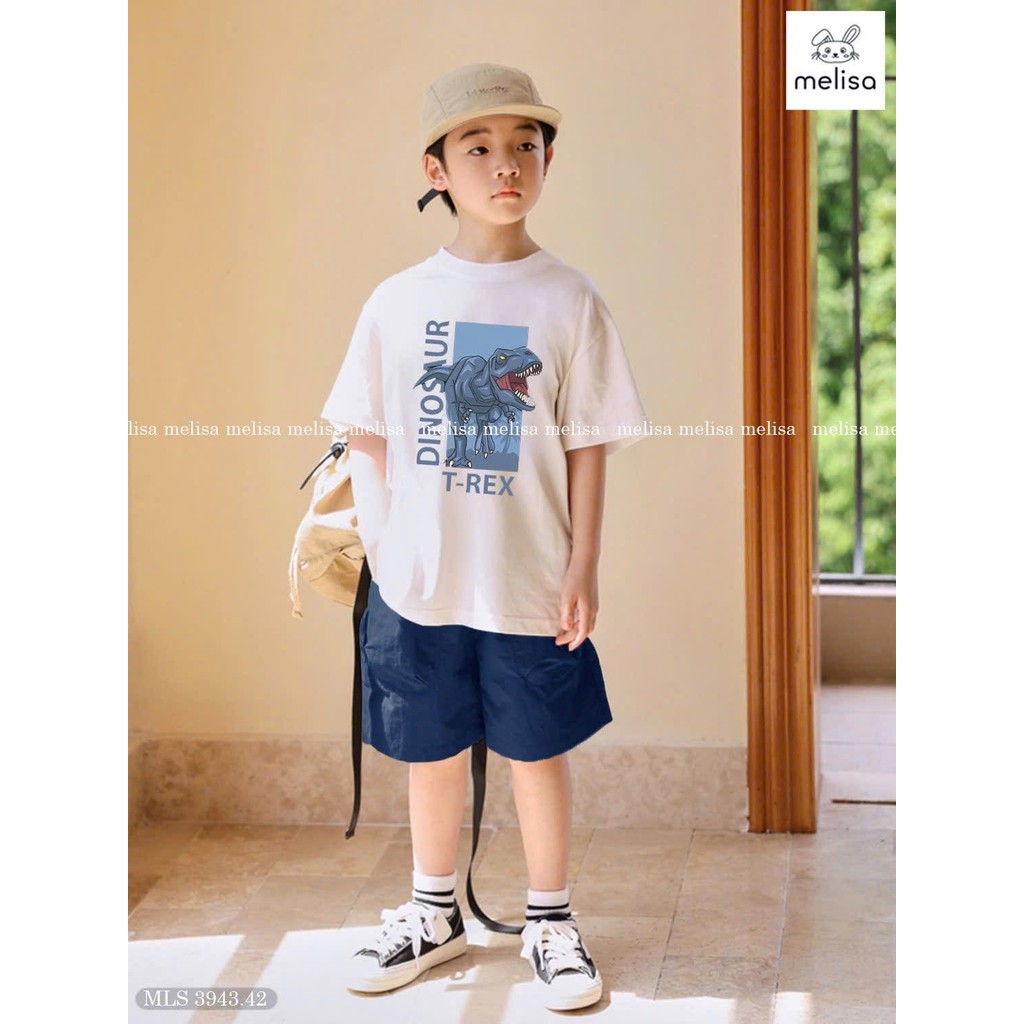 MLS 3943 - Bộ Melisa áo trắng khủng long T-rex + quần short xanh bé trai size 6-12y | Shopee ...
