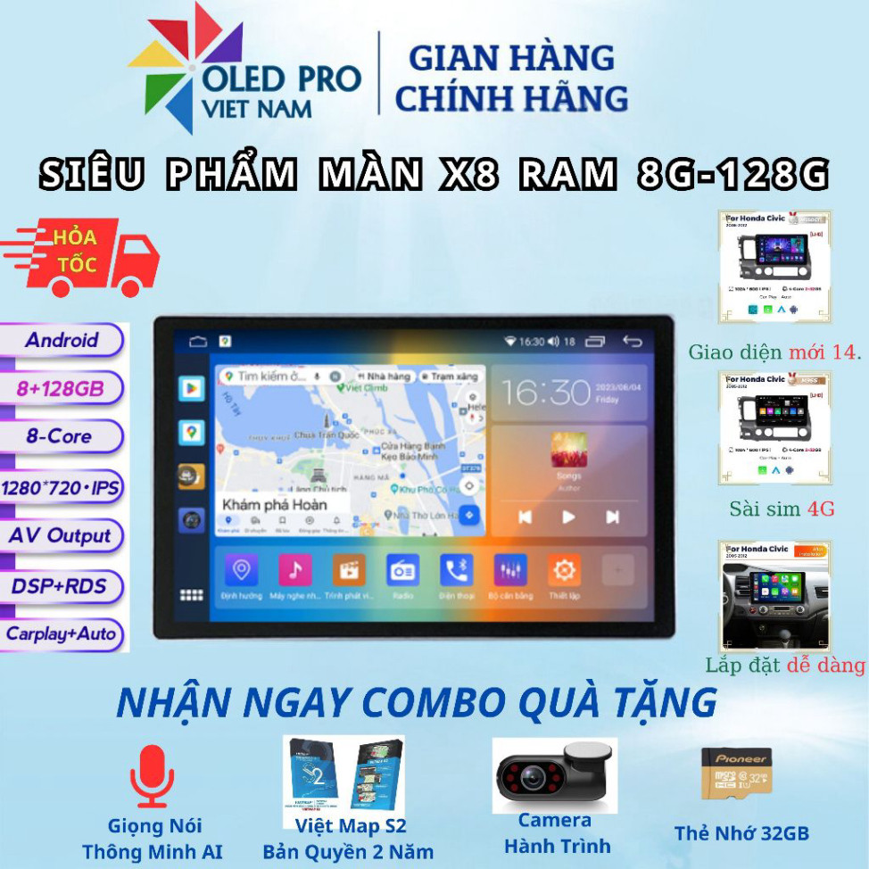 Màn hình xe con android thời thượng X8 Pro Ram 8G Rom 128G cài sẵn map ...
