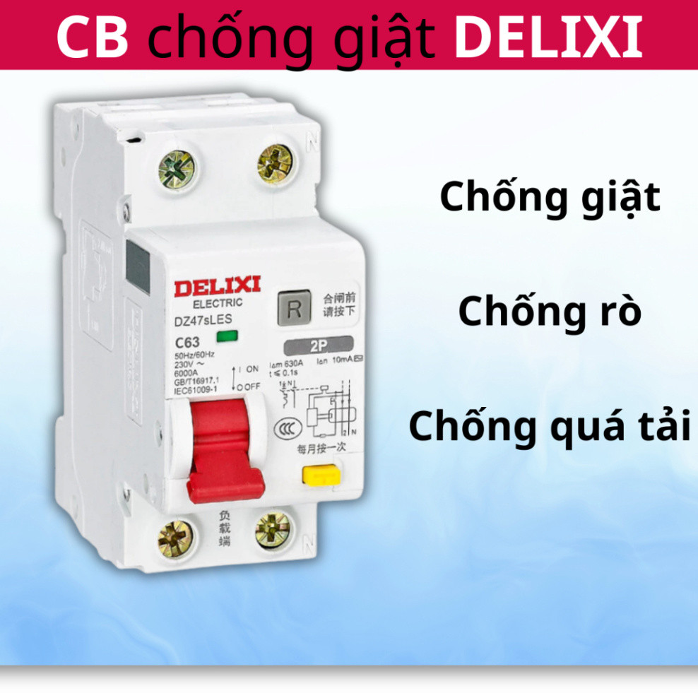 Aptomat chống giật RCBO DELIXI DZ47sLES chống rò, Bộ CB chống giật 16A,20A,32A,40A,63A, át chống ...