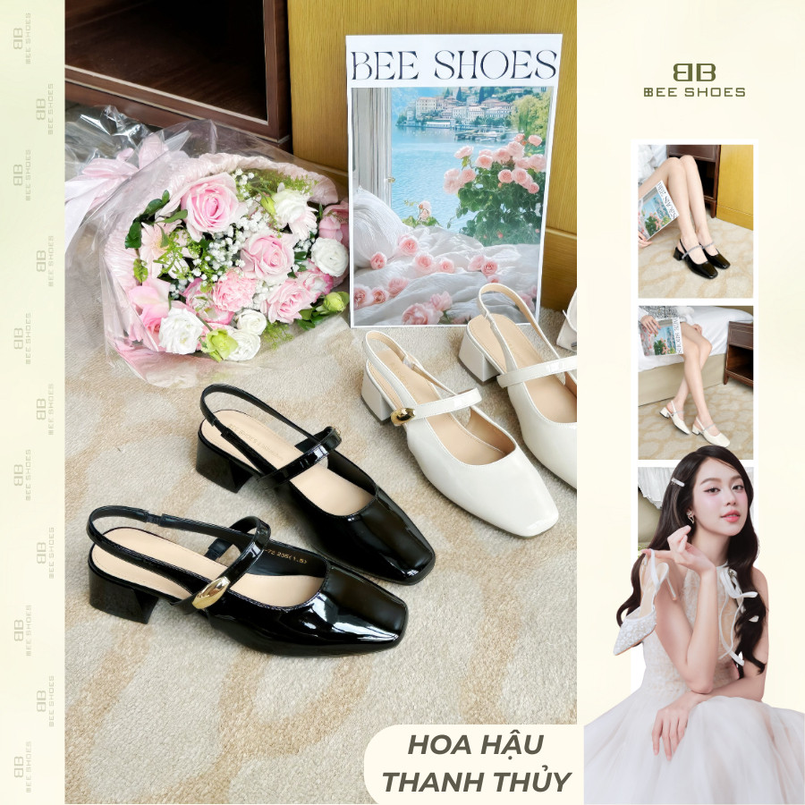 Giày mary jane nữ BEESHOES mũi vuông hở gót đế vuông cao 4 phân sẵn màu kem - đen MJ017 (Form 1. ...