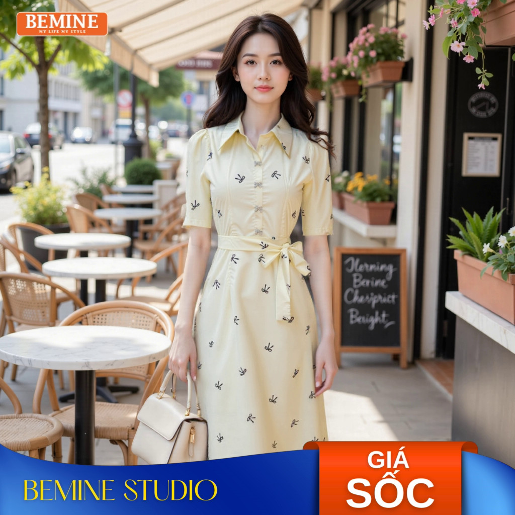 Đầm thiết kế BEMINE cổ sơ mi in nơ dáng chữ A phù hợp đi làm-MT11015 ...