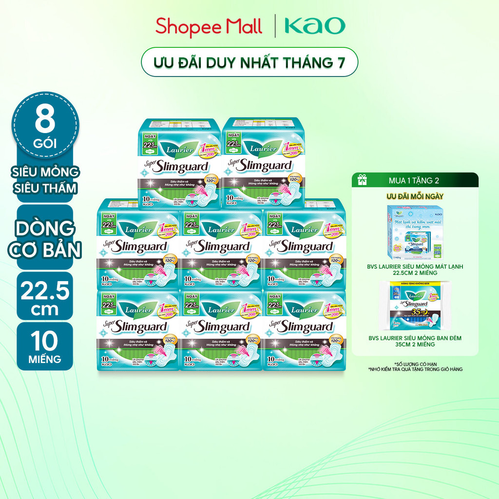 Combo 8 gói BVS Laurier siêu mỏng bảo vệ 1mm 22.5cm 10 miếng | Shopee ...