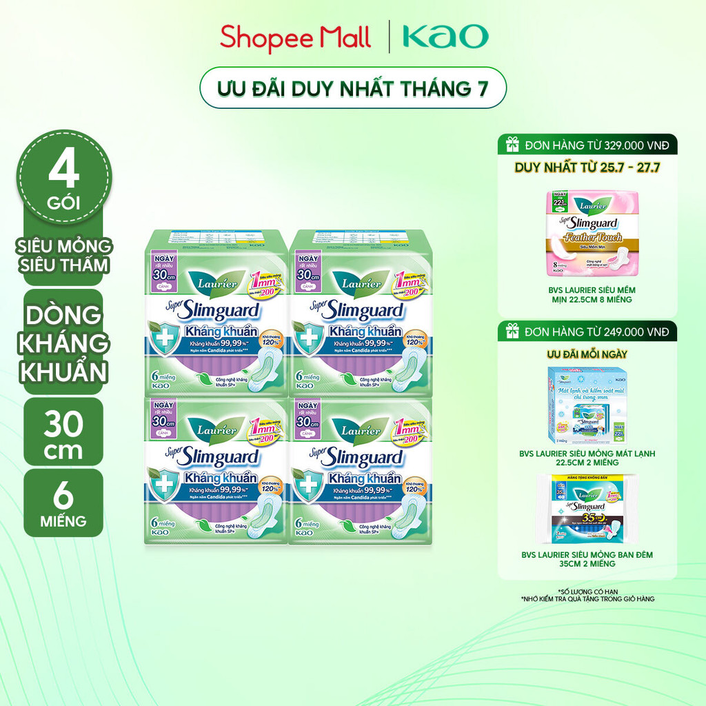 Combo 4 gói BVS Laurier Siêu Mỏng 1mm Kháng khuẩn 30cm 6 miếng | Shopee ...