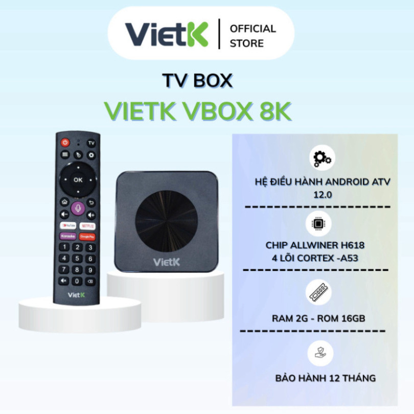 VietK VBox 8K, Android 12, GPU 8K hỗ trợ 4K Ultra HD, Ram 2Gb, Rom 16Gb ...