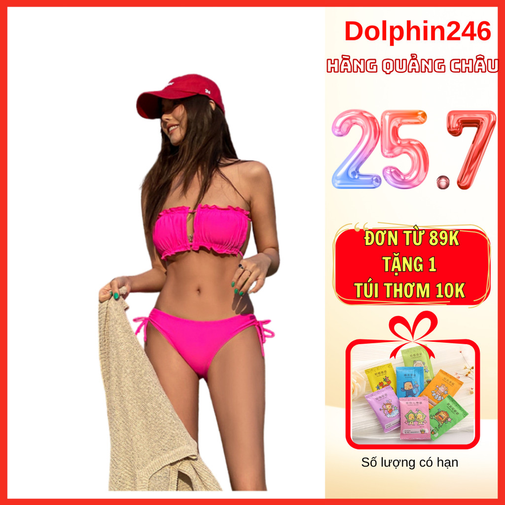 Bikini 2 mảnh đồ bơi đi biển cho nữ buộc dây màu hồng nổi bật nhún bèo xinh xắn phong cách Hàn ...