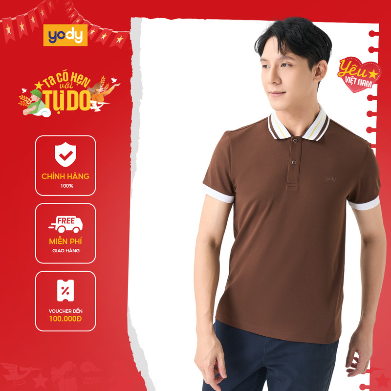 🔥 [SALE ĐG] Áo polo nam s.cafe phối bo nổi bật YODY ngắn tay cổ bẻ phối bo nổi bật thấm hút ...