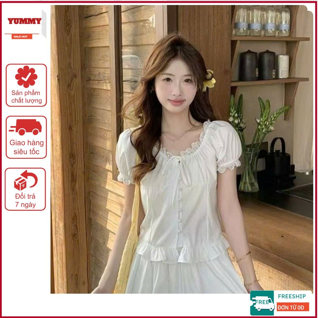 Áo sơ mi tay bồng Yummy viền ren cổ điển tiểu thư, Áo cổ vuông dáng ngắn dễ thương S43 | Shopee ...