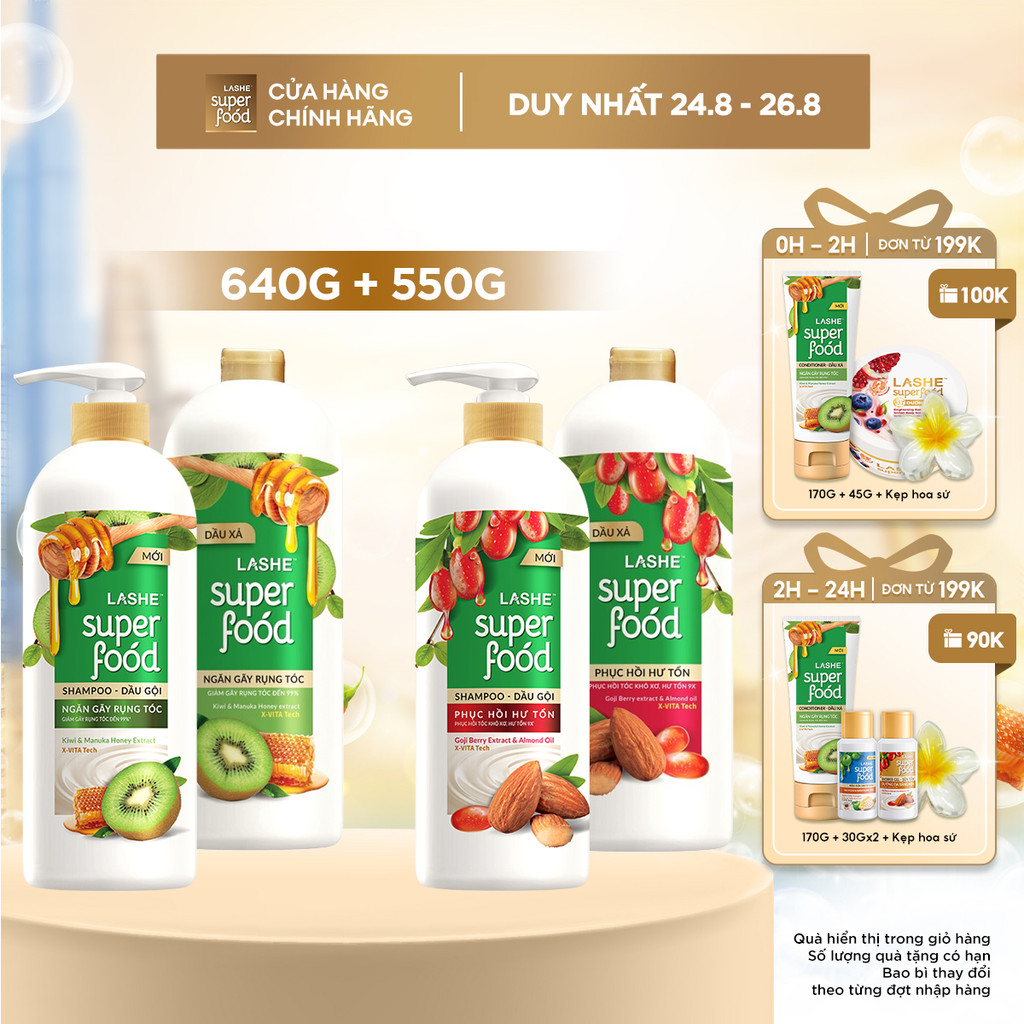 Combo Dầu Gội LASHE SUPERFOOD 640G + Dầu Xả LASHE SUPERFOOD 550G Ngăn Gãy Rụng Tóc / Phục Hồi Hư ...