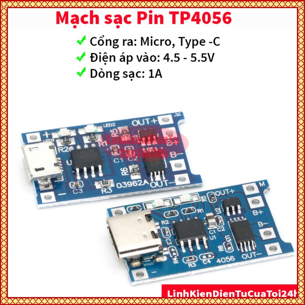 [RẺ VÔ ĐỊCH] Mạch Sạc Pin TP4056 Cổng Mico, TYPE-C USB Có bảo vệ ...