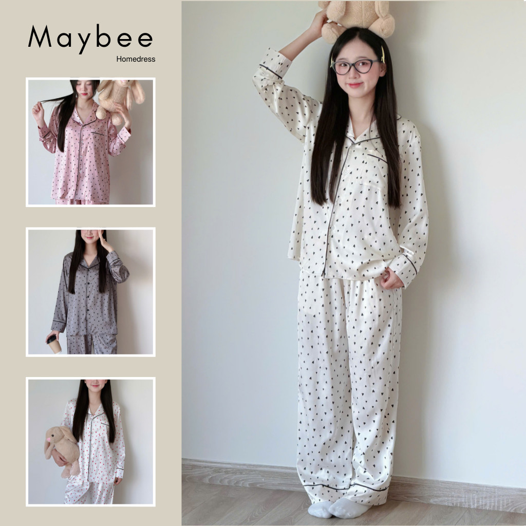 Bộ đồ ngủ lụa viền né in hình trái tim Maybee Homdress | Shopee Việt Nam