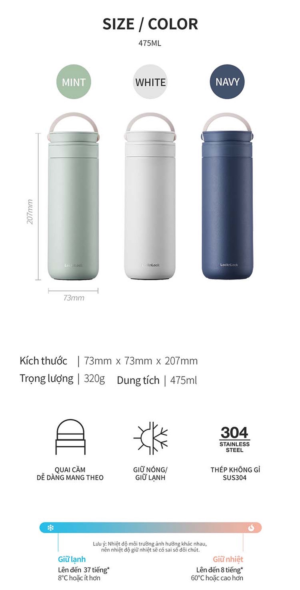 Bình giữ nhiệt LocknLock Metro Two Way LHC4274 475ml, LHC4272 237ml quai xách, thép không rỉ ...