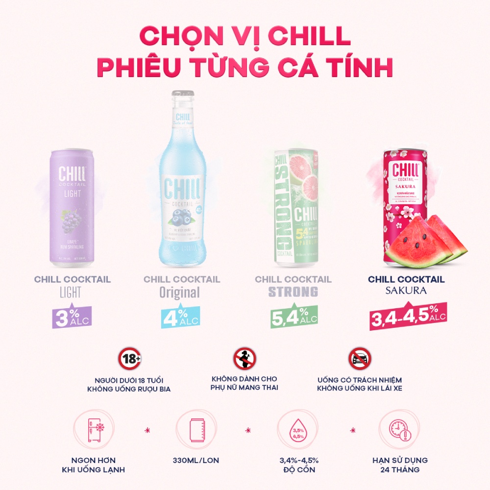 Thùng 6 lon Chill Cocktail Sakura mix vị Vải Sake & Dưa Hấu Sake (330ml ...