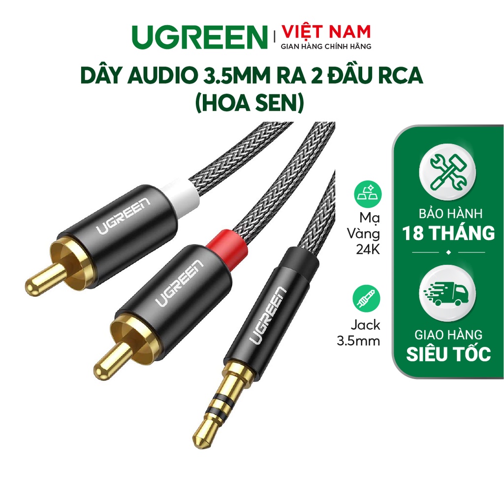 Dây Audio 3.5mm ra 2 đầu RCA (Hoa sen) UGREEN AV116 | Đầu nối mạ vàng 14K | Kết nối dễ dàng ...