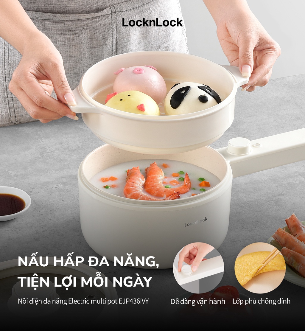 Nồi điện đa năng LocknLock 1.5L Chống Dính, Có Tay Cầm , Trắng Electric ...