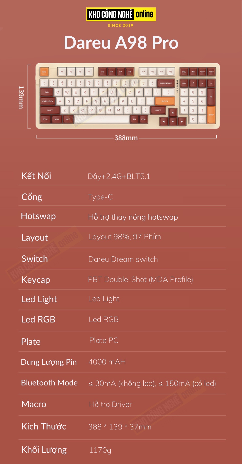 Dareu A98 PRO - Bàn phím cơ Dareu A98 PRO (Bluetooth 5.1 / Wireless 2.4Ghz / Hotswap / LED RGB ...