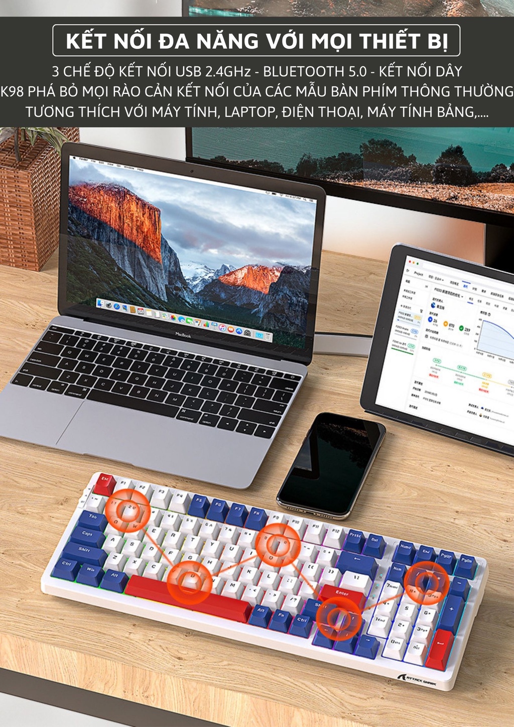 Bàn Phím Cơ Bluetooth Không Dây Full Size K98BT LED RGB VIP Gaming Shark Có HOTSWAP LÓT FOAM ...