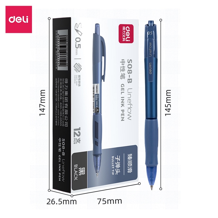 Hộp 12 bút bi nước Deli S08 ngòi 0.5mm mực đen - Bút gel nusign Deli 08 ...