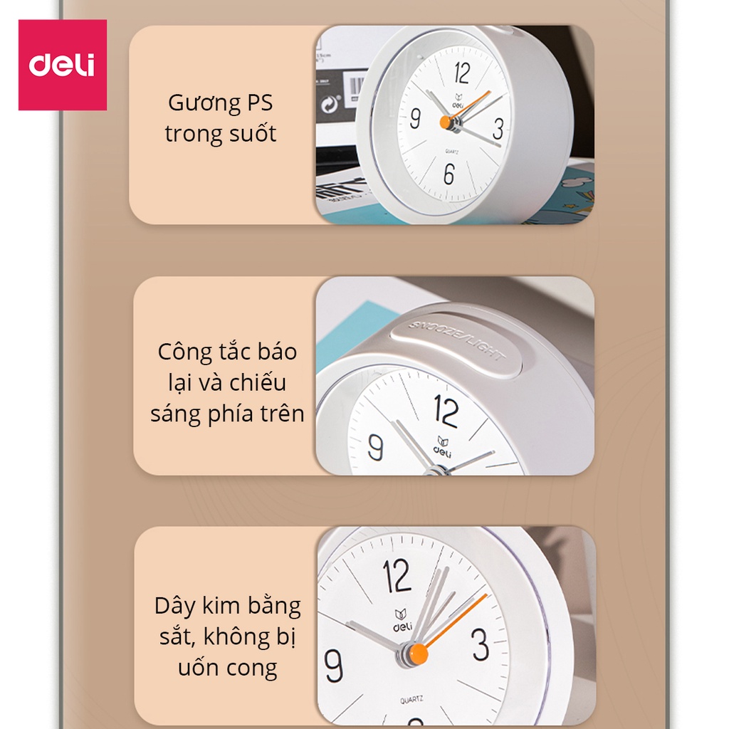 Đồng hồ báo thức để bàn có đèn kim trôi có chuông reo Deli thân nhựa ...
