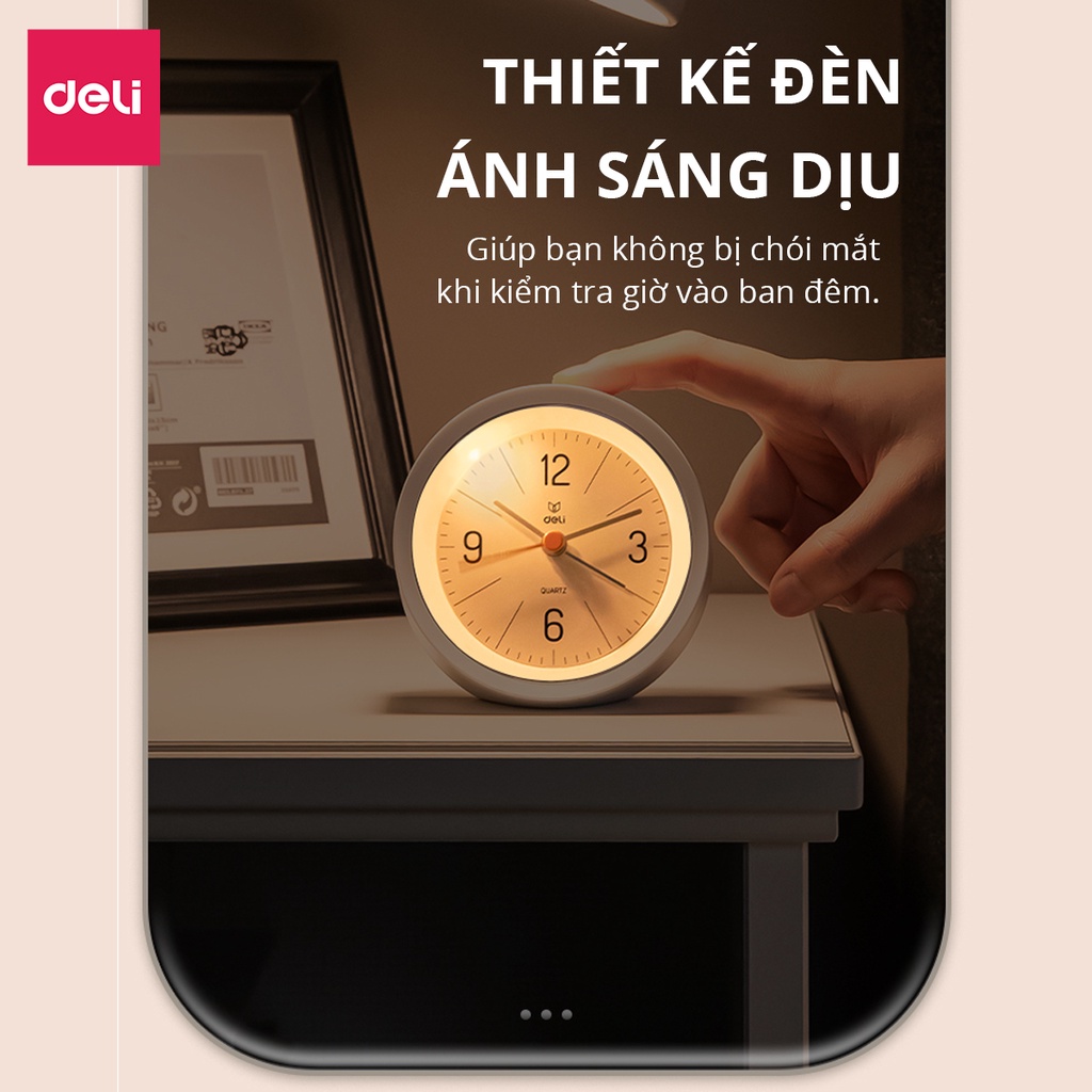 Đồng hồ báo thức để bàn có đèn kim trôi có chuông reo Deli thân nhựa ...