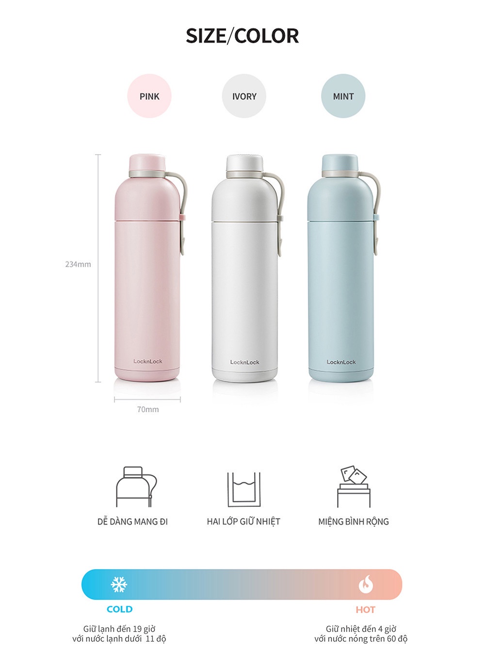 Bình giữ nhiệt LocknLock 490ml Chính hãng màu Pastel hiện đại, có quai ...