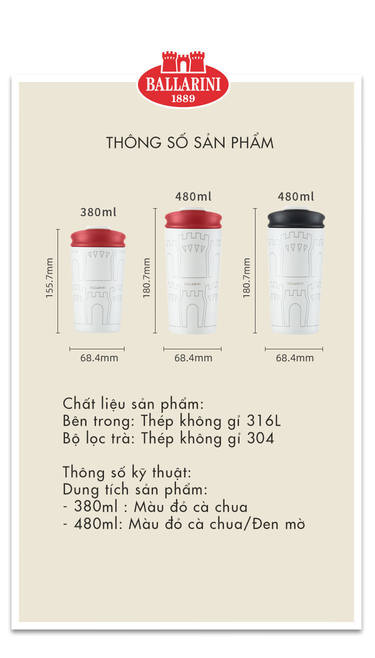 Bình giữ nhiệt có lưới lọc trà BALLARINI Mocca To go coffee (480ml/380ml) - thép không gỉ 316L ...