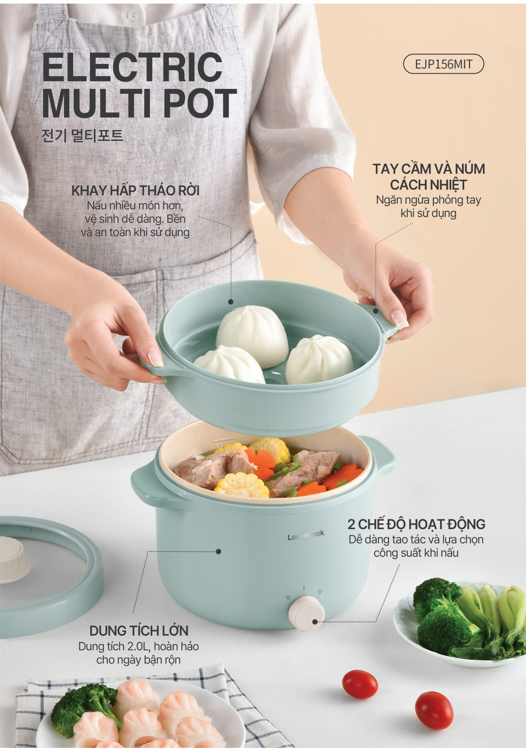 Nồi điện đa năng Lock&Lock Electric multi pot 2L- Màu mint EJP156MIT ...