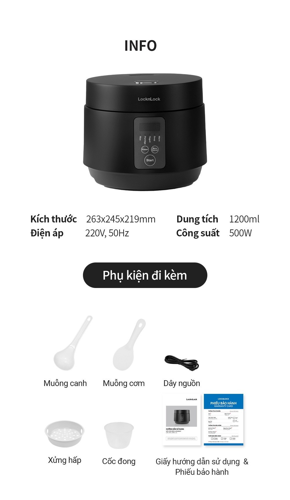 Nồi cơm điện Lock&Lock Compact Rice Cooker 1.2L màu đen EJR346BLK ...