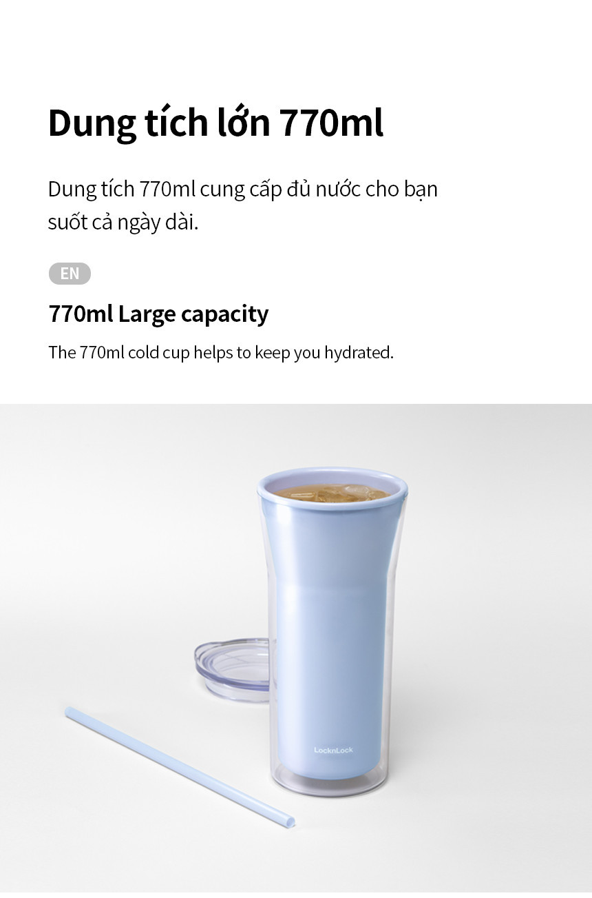 Ly nhựa 2 lớp Lock&Lock Daily Essential double wall cold cup 770ml kèm ống hút và cọ vệ sinh 3 ...