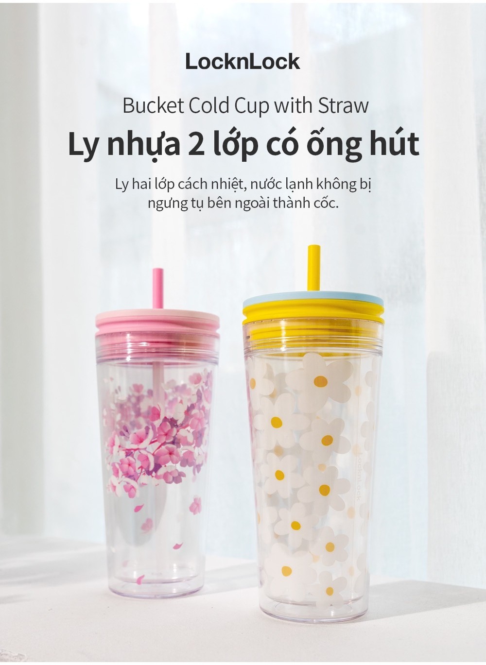Ly nhựa 2 lớp có ống hút Lock&Lock Bucket cold cup 580ml - 2 màu Hồng, Vàng - HAP520 | Shopee ...