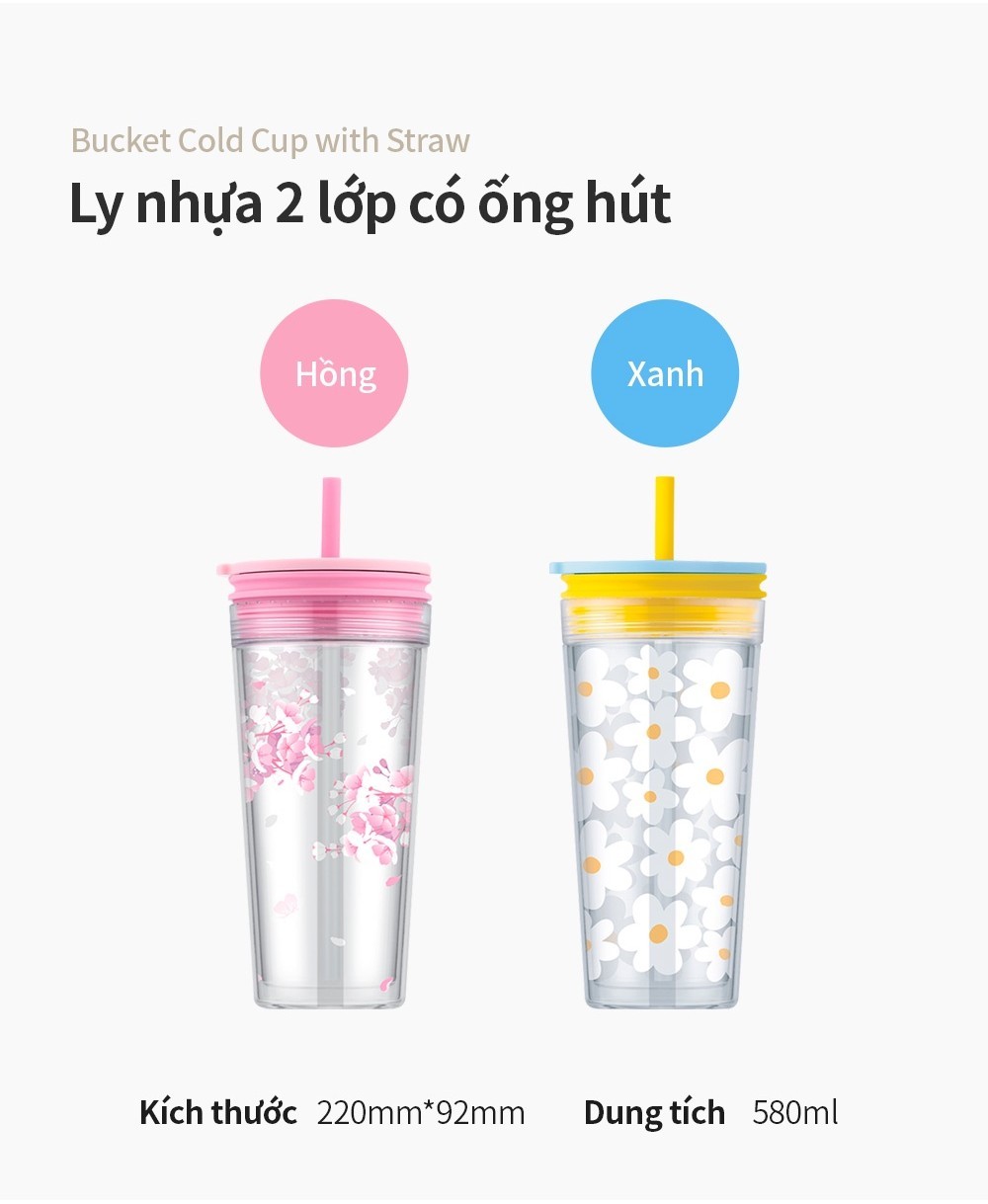 Ly nhựa 2 lớp có ống hút Lock&Lock Bucket cold cup 580ml - 2 màu Hồng, Vàng - HAP520 | Shopee ...