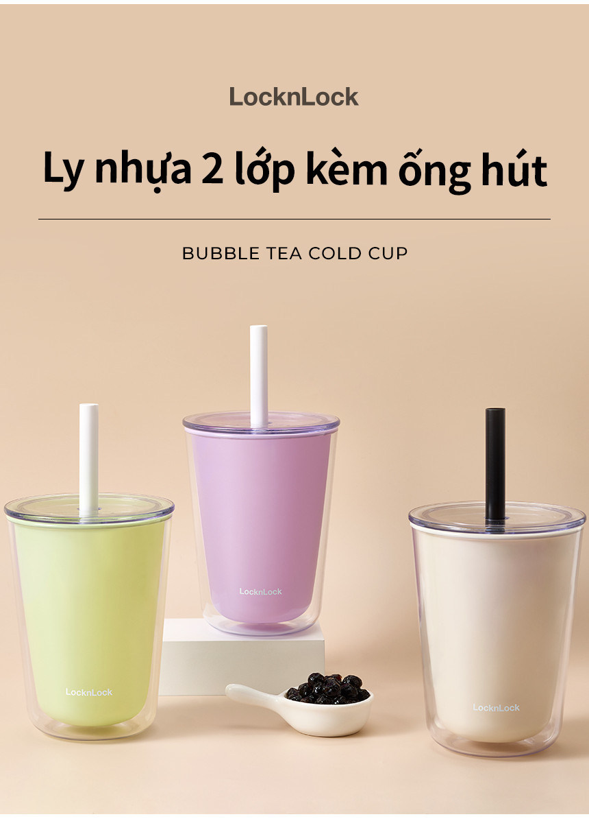 Ly nhựa 2 lớp Lock&Lock Bubble Tea cold cup 720ml kèm ống hút trân châu ...