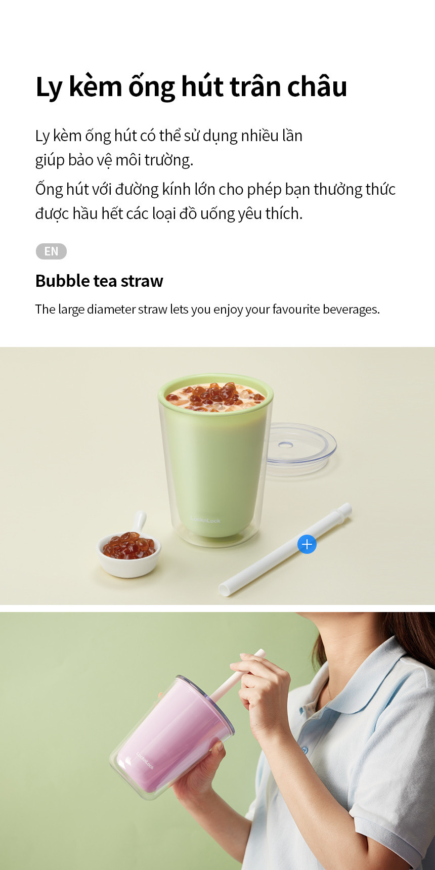 Ly nhựa 2 lớp Lock&Lock Bubble Tea cold cup 720ml kèm ống hút trân châu ...