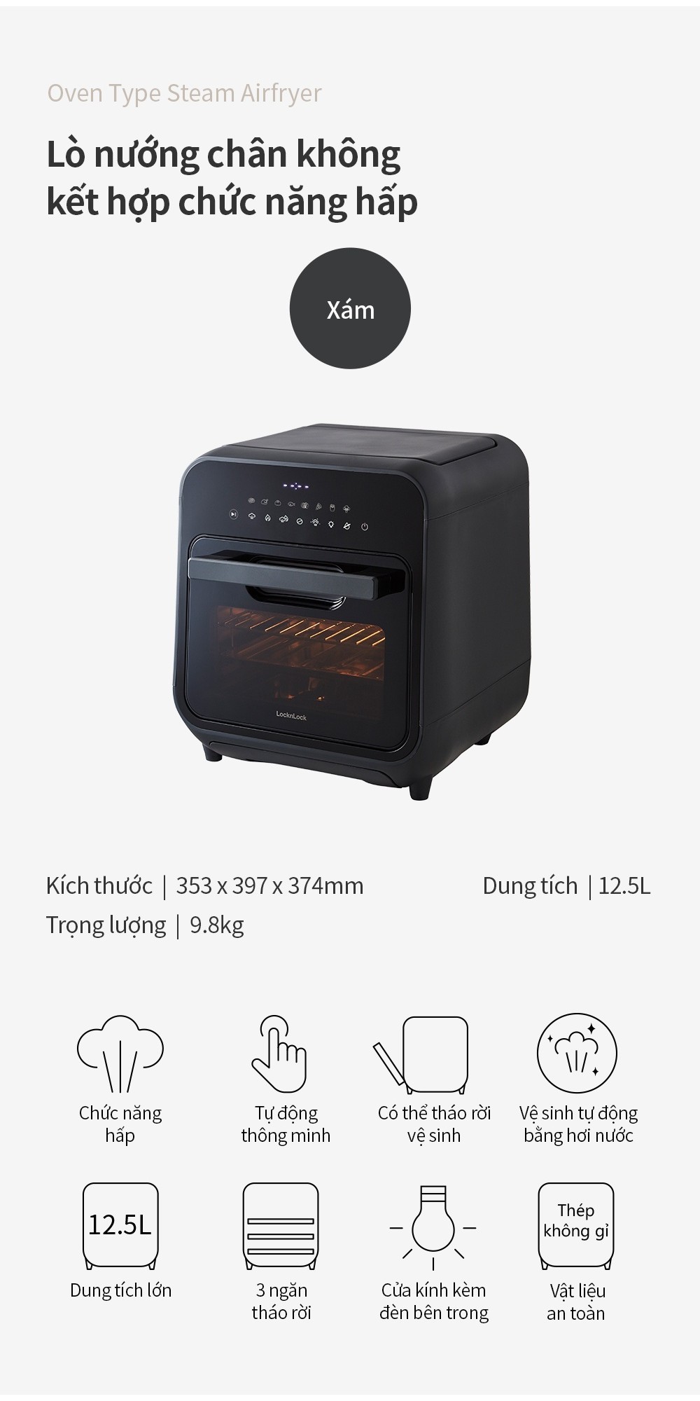 Lò nướng chân không kết hợp chức năng hấp LockL&Lock Steam Air Fryer Oven 12.5L EJF693GRY ...
