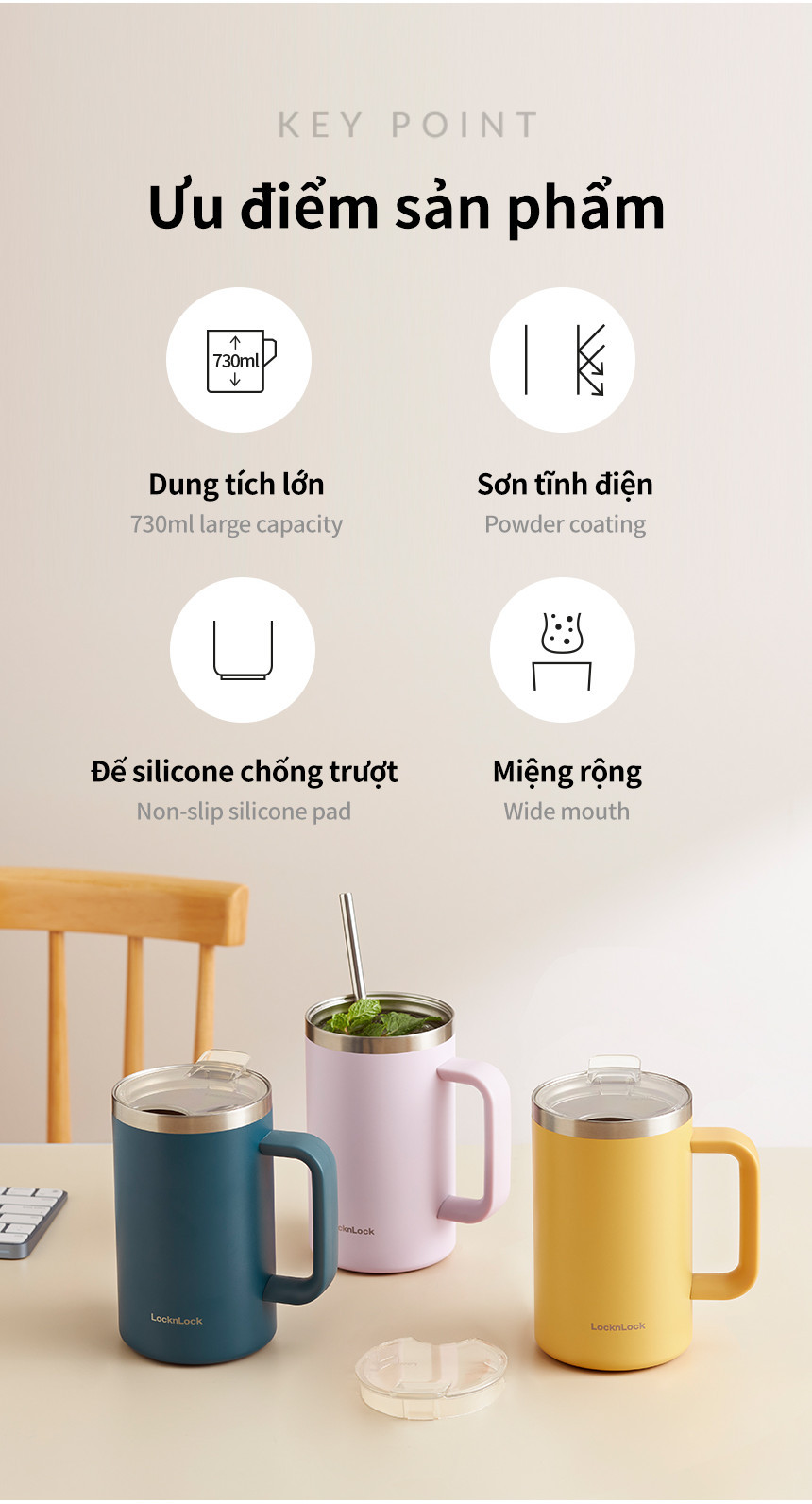 Cốc giữ nhiệt Lock&Lock Flat Table Mug 730ml LHC4320 - Màu xanh cổ vịt ...