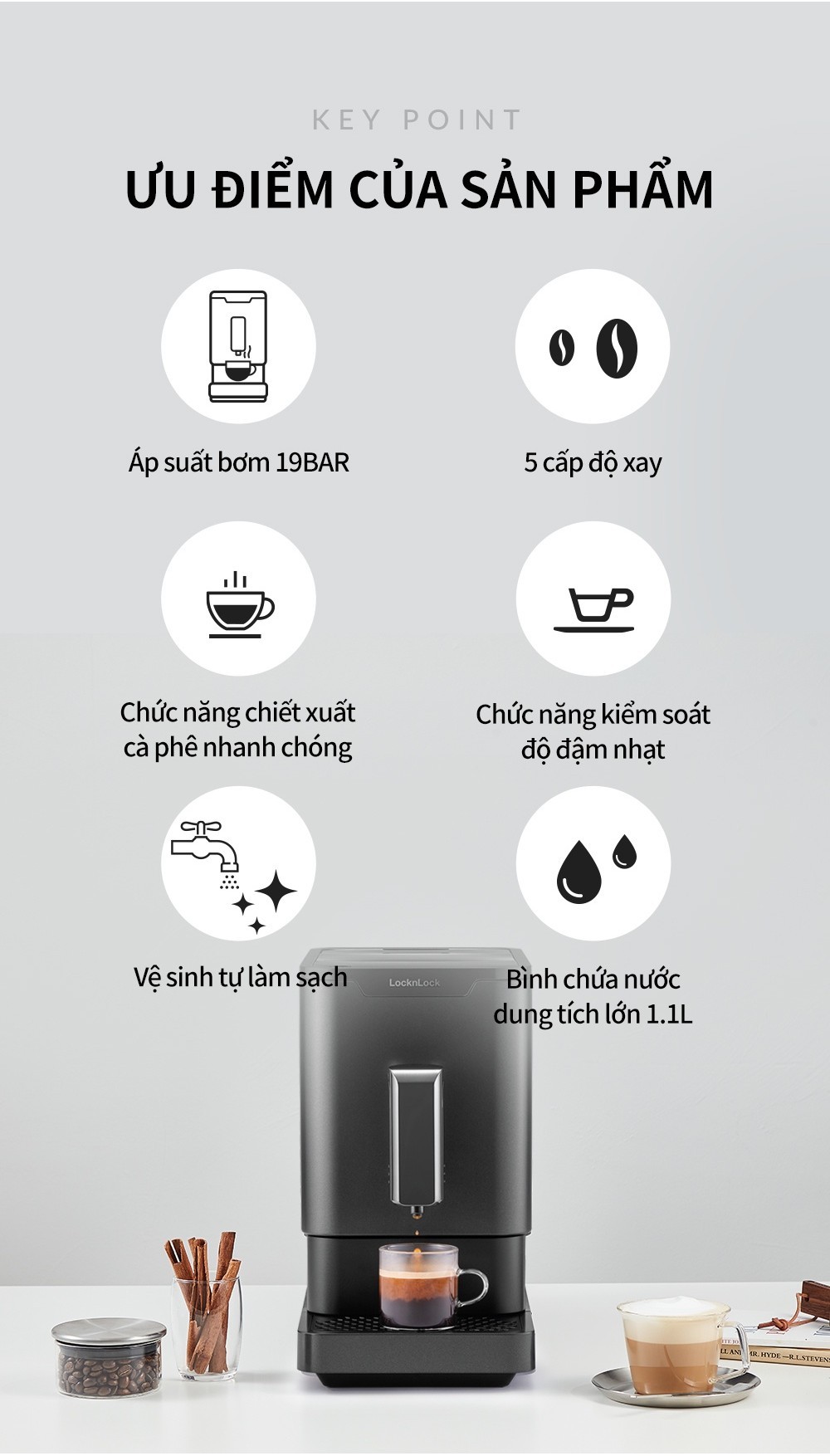 Máy pha cà phê Lock&Lock Espresso Coffee Machine EJC636 2 màu 5 cấp độ ...