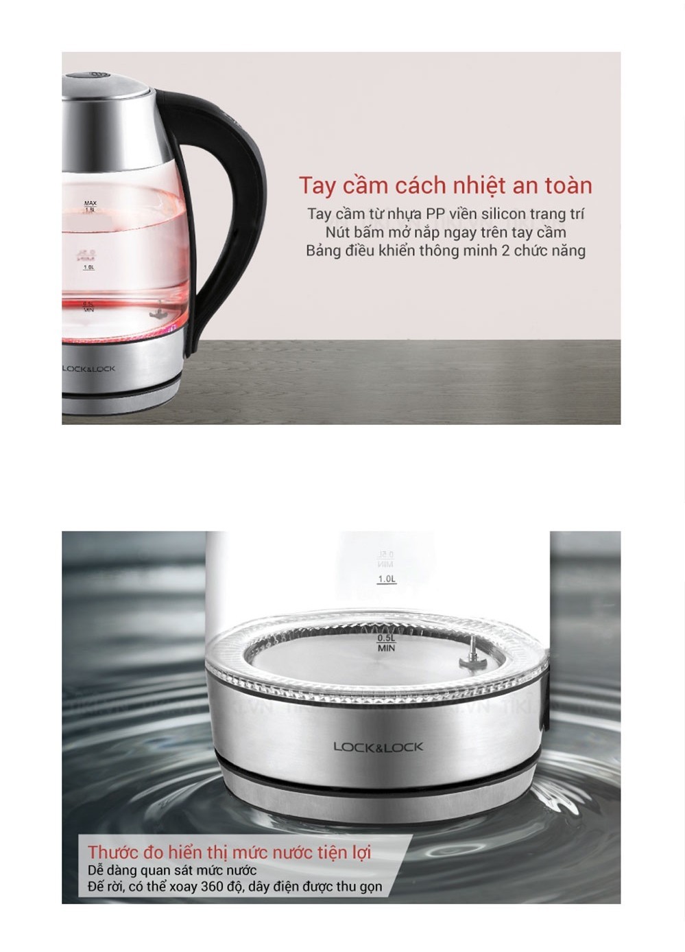 Ấm đun nước dùng điện bằng thủy tinh, thương hiệu Lock&Lock EJK341 1.8L ...