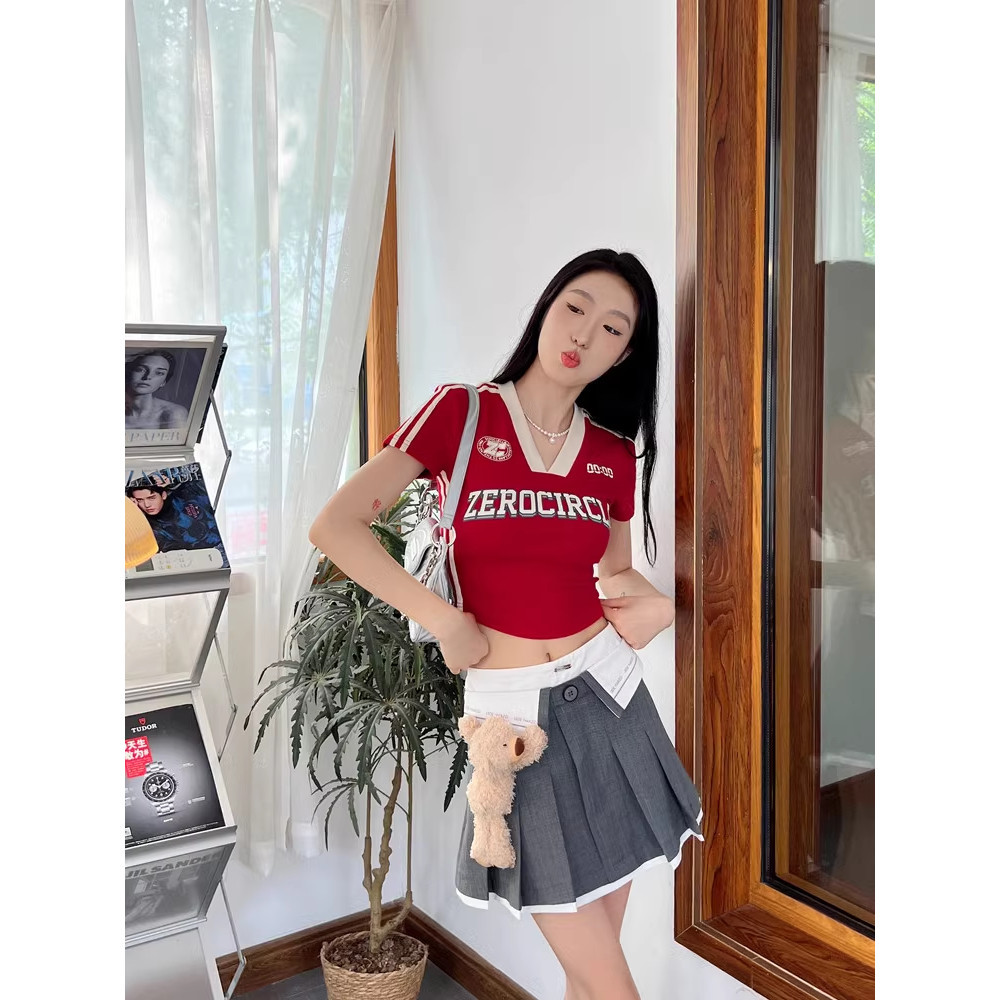 Áo Croptop Nữ Cổ V ZEROCIRCLE Form baby tee Dáng Ôm body Tay Ngắn Phối Sọc Cổ Viền Trắng Phong ...