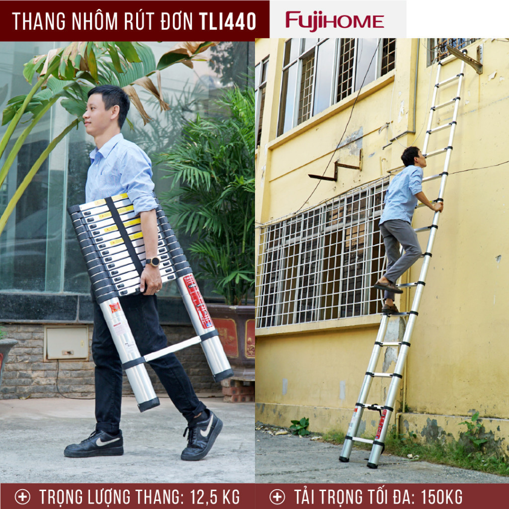 Thang nhôm rút đơn Nhập Khẩu 3,8m - 4,4m - 5m gấp gọn FUJIHOME, thang ...