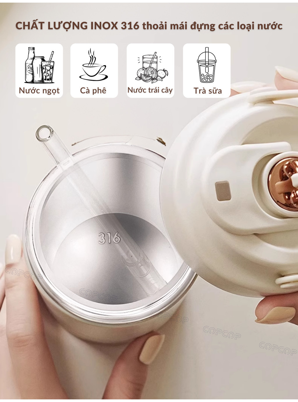 Ly giữ nhiệt Hseen COPCOP, inox 316 cao cấp 500ml thoải mái đựng được các loại nước,tặng kèm ống ...