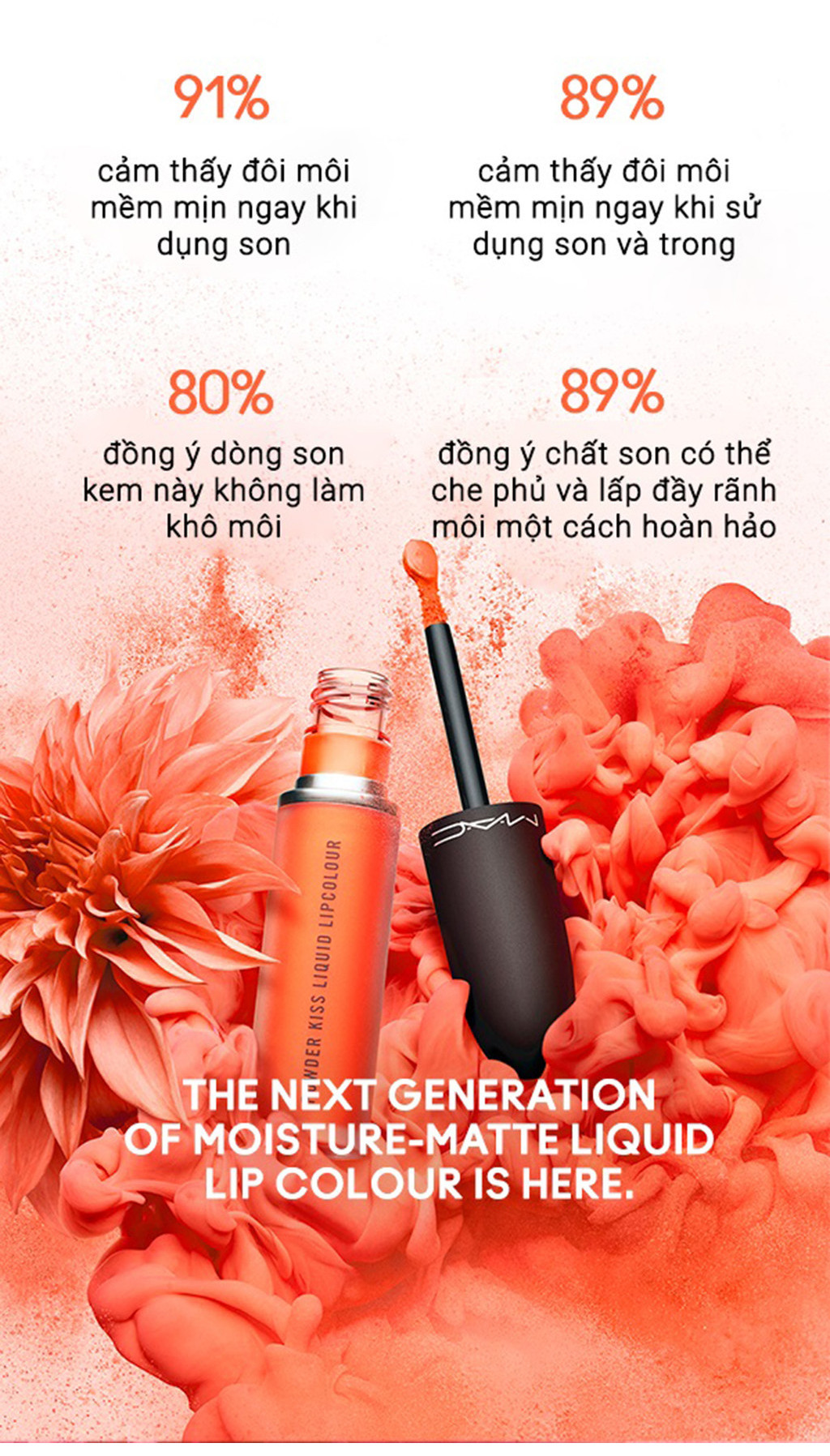 Son kem MAC Powder Kiss Liquid Lipcolour cho hiệu ứng màu mịn màng, làm ...