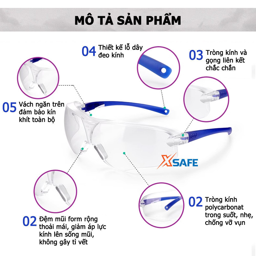 Kính bảo hộ 3M V34 Kính chống bụi chống tia UV, bám hơi nước, chống trầy xước, dùng lao động, đi ...